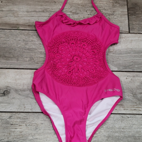 bebe | Swim | Bebe Girls Sz 4 Hot Pink Swim Suit Crochet Front Cut One ...